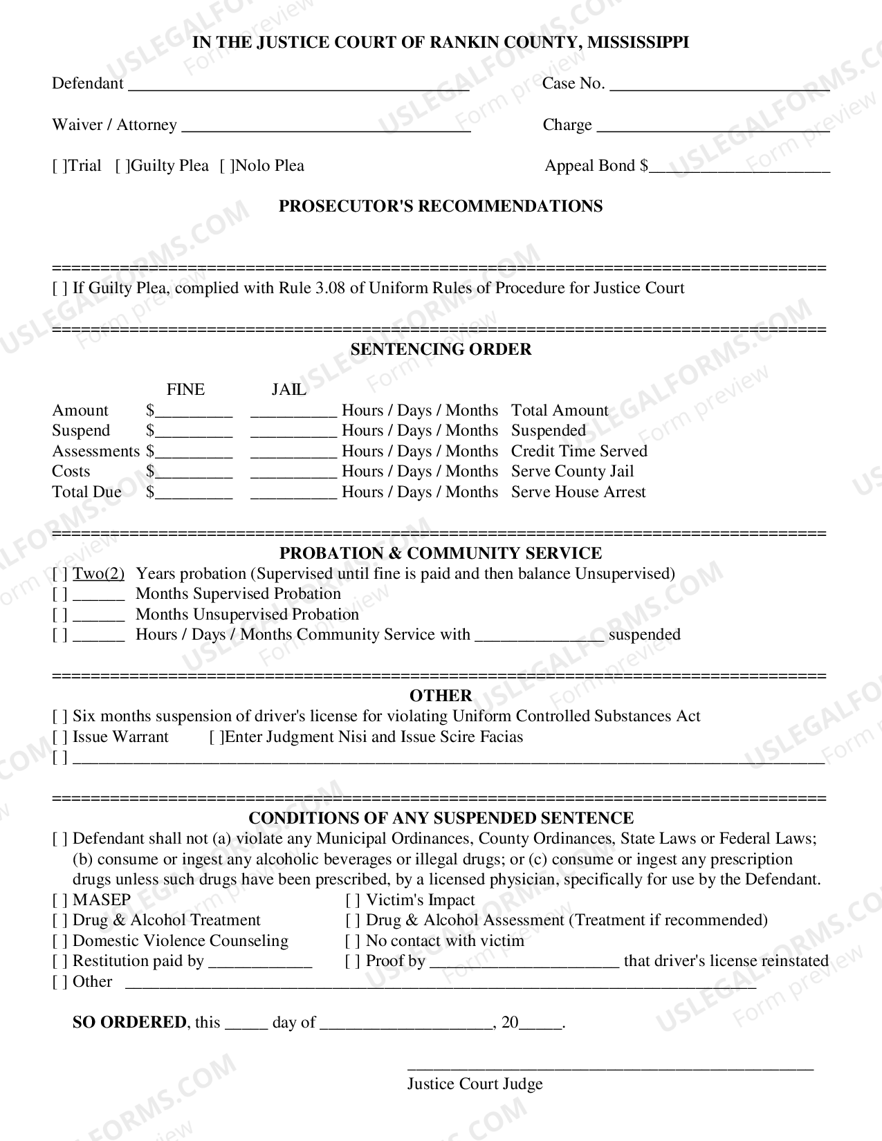 Mississippi Prosecutor's Recommendations for Sentencing Order | US ...