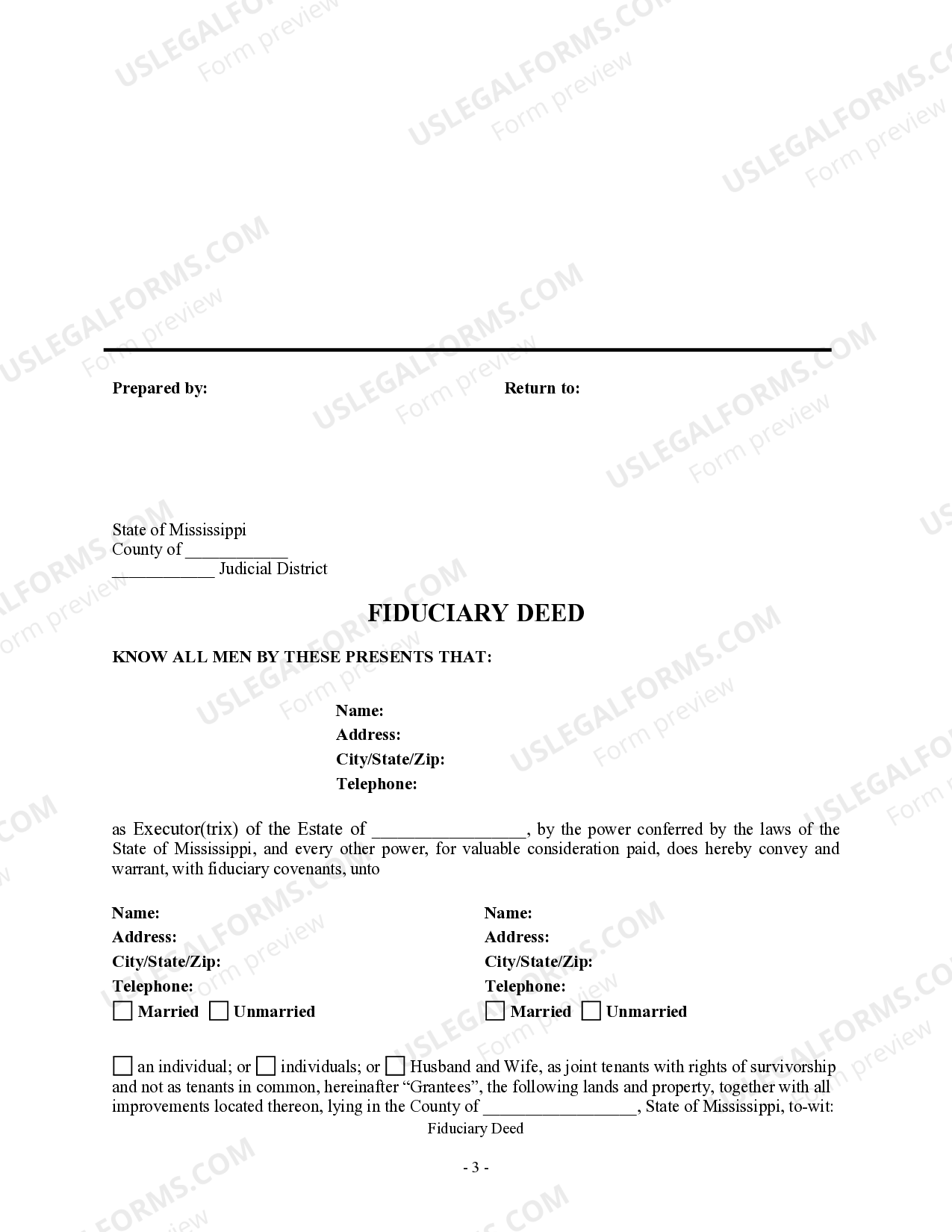 Mississippi Fiduciary Deed for use by Executors, Trustees, Trustors - Executrix Deed | US Legal ...