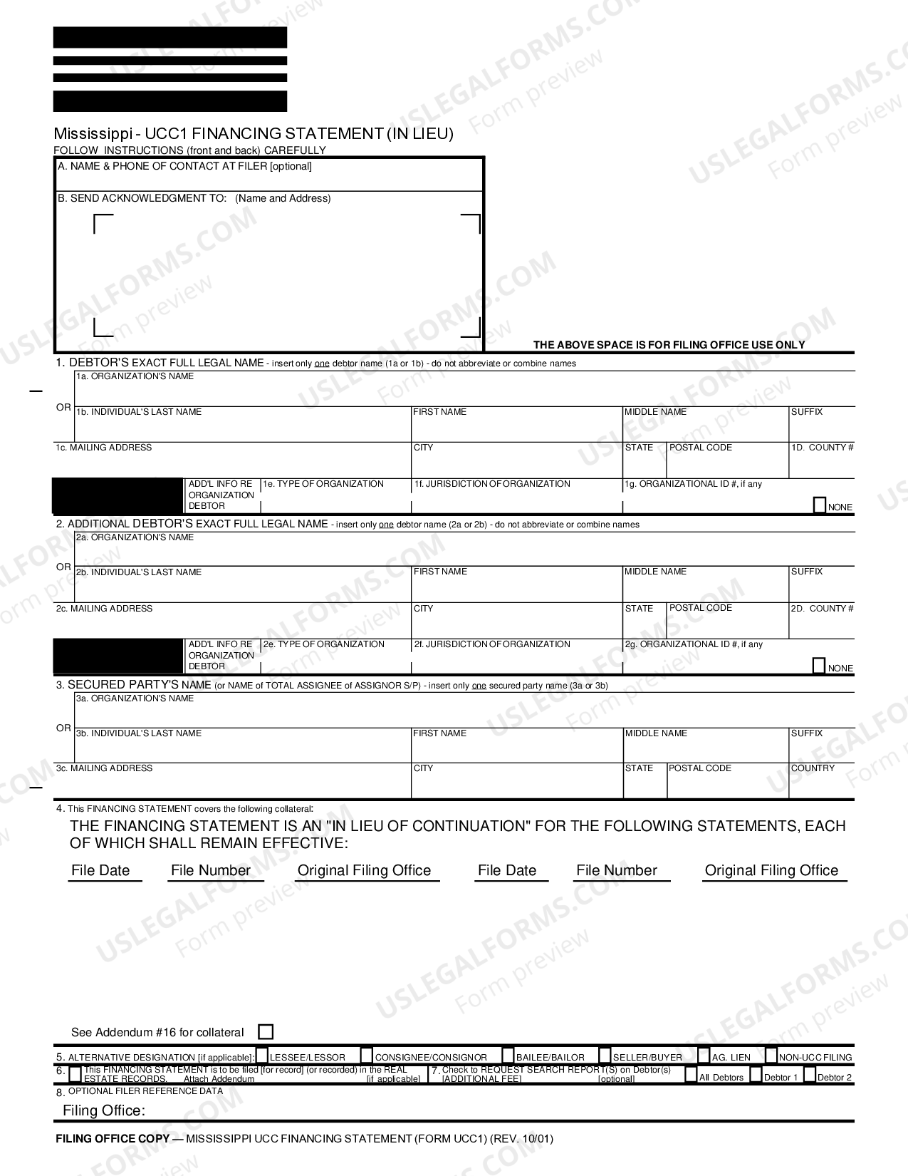 Mississippi UCC1 Financing Statement In Lieu of Continuation | US Legal ...