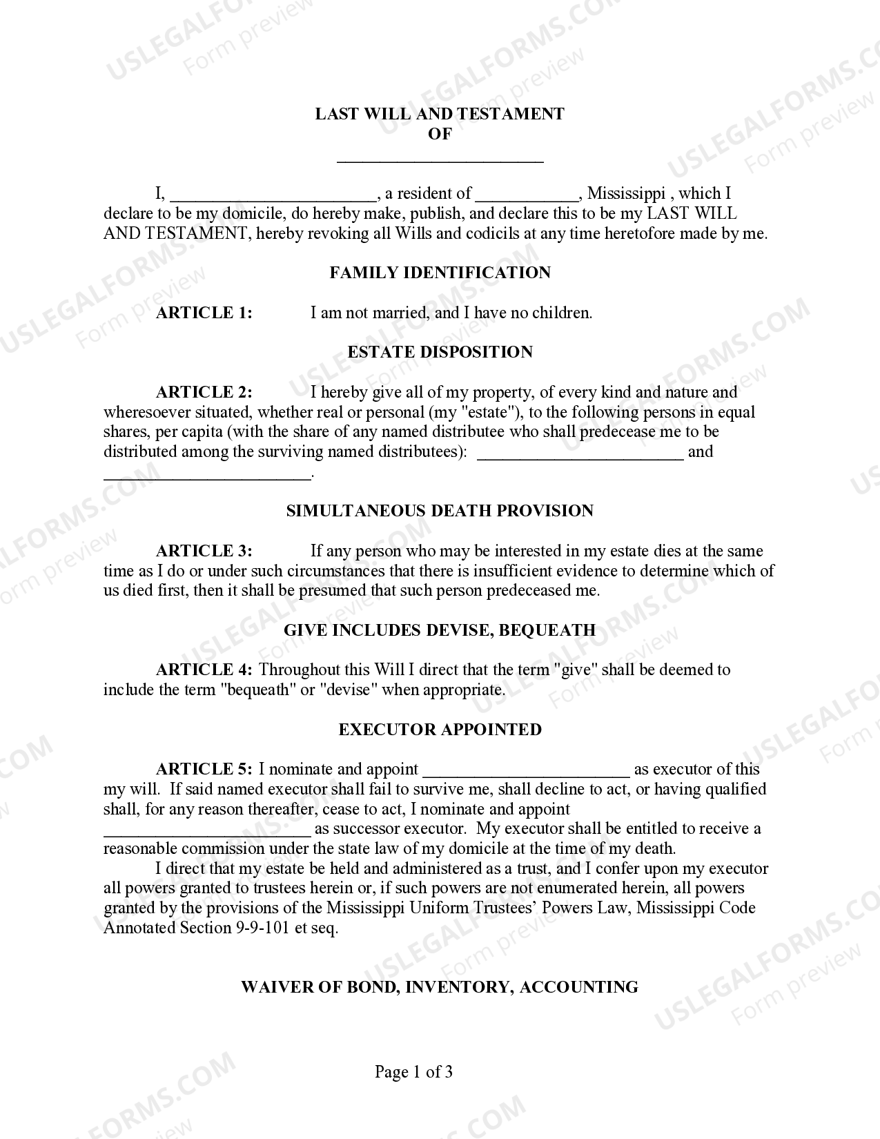 Mississippi Last Will And Testament For Single Person With No Children