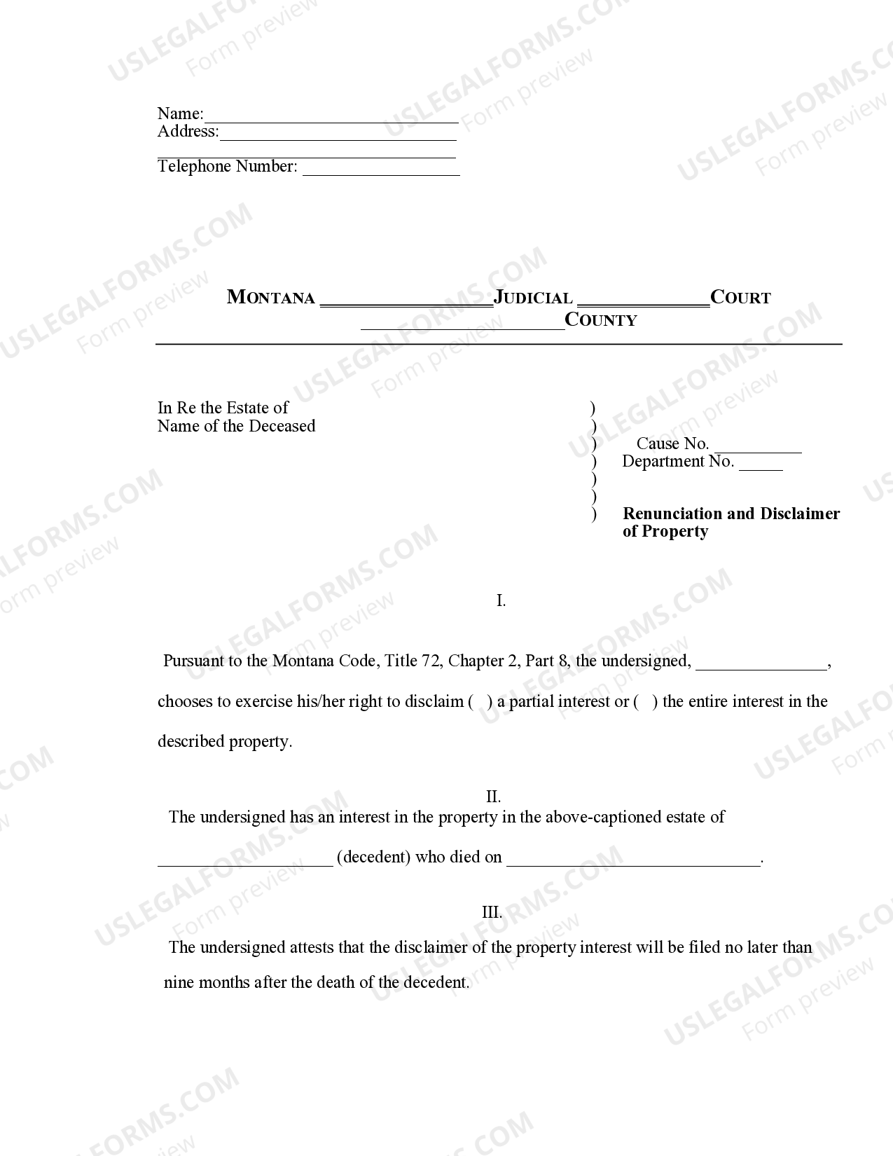 Montana Renunciation and Disclaimer of Property from Will by Testate ...