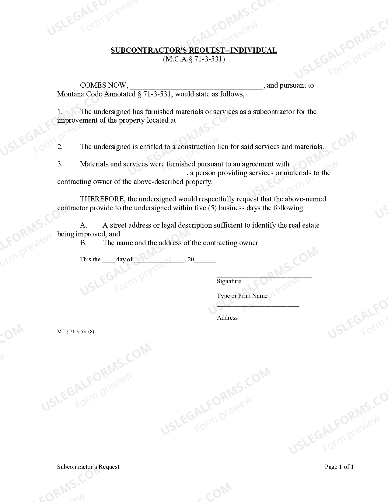 Montana Subcontractor's Request - Individual | US Legal Forms