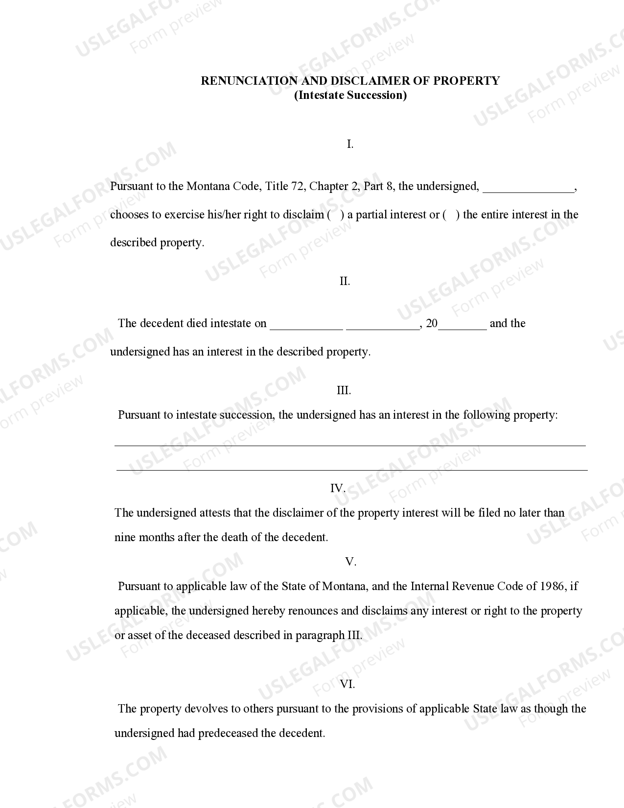 Montana Renunciation and Disclaimer of Property received by Intestate ...