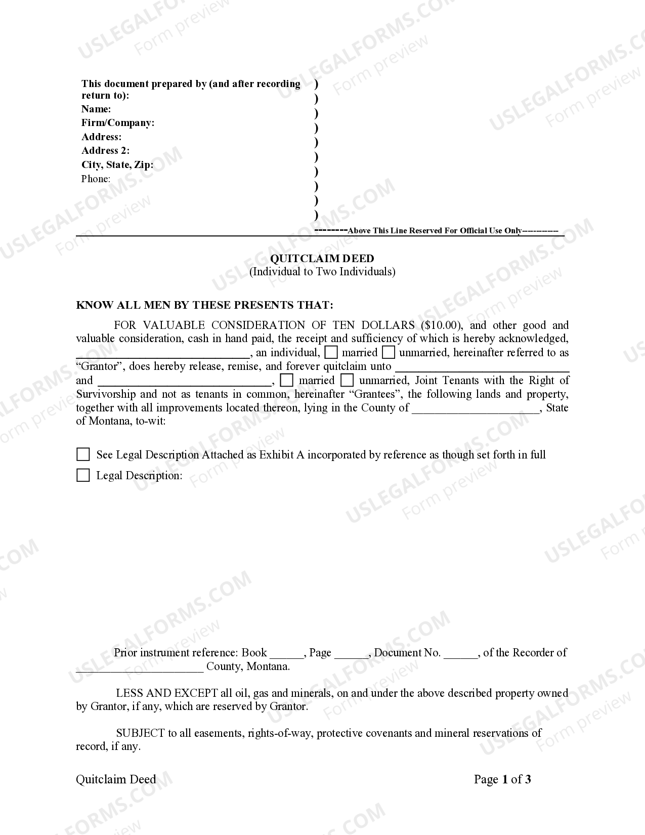 Montana Quitclaim Deed from Individual to Two Individuals in Joint Tenancy - Montana Deed With ...