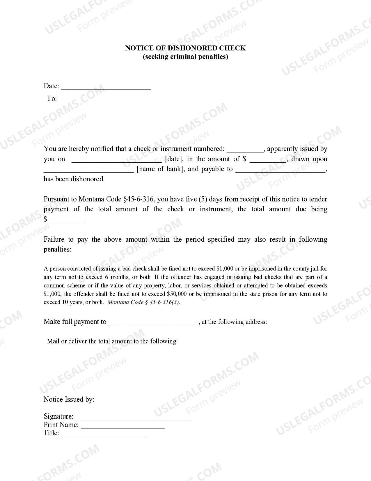 Montana Notice of Dishonored Check - Criminal - Keywords: bad check ...