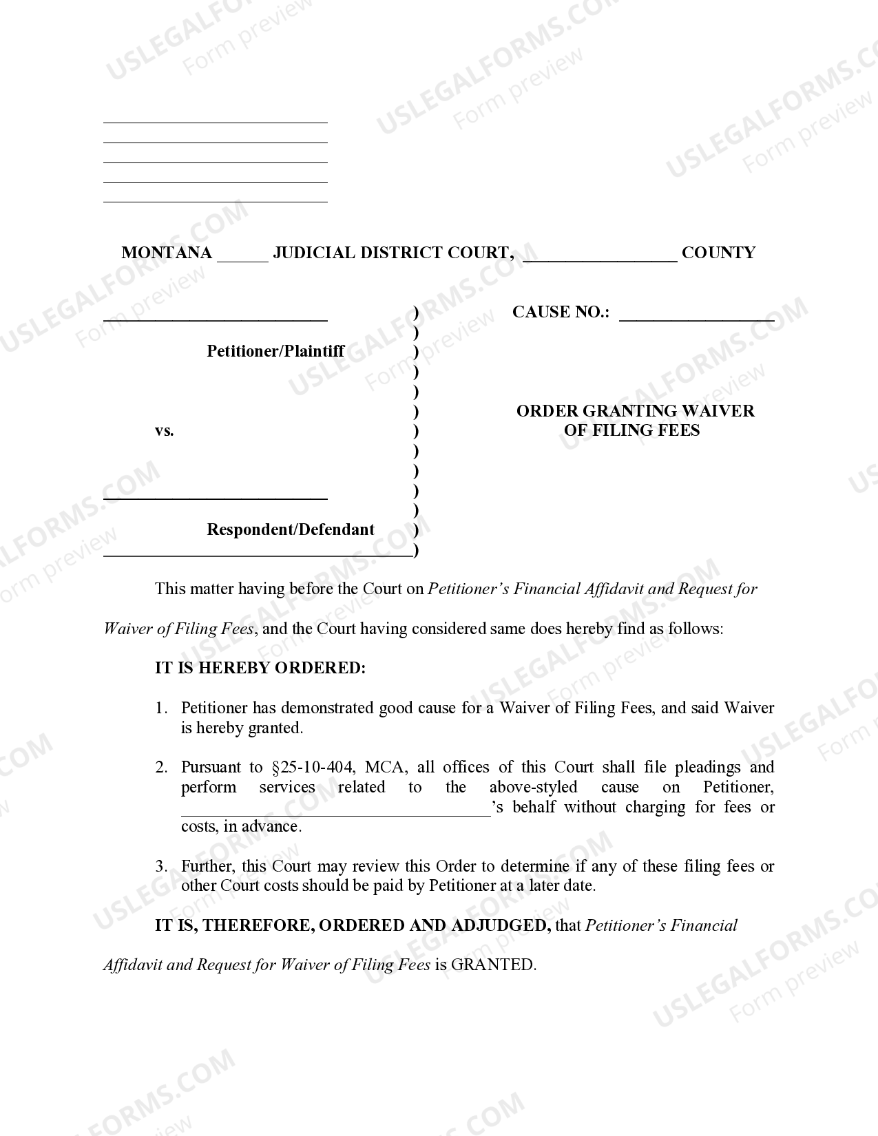 Montana Montanta Judicial District Court - Order Granting a Waiver of ...