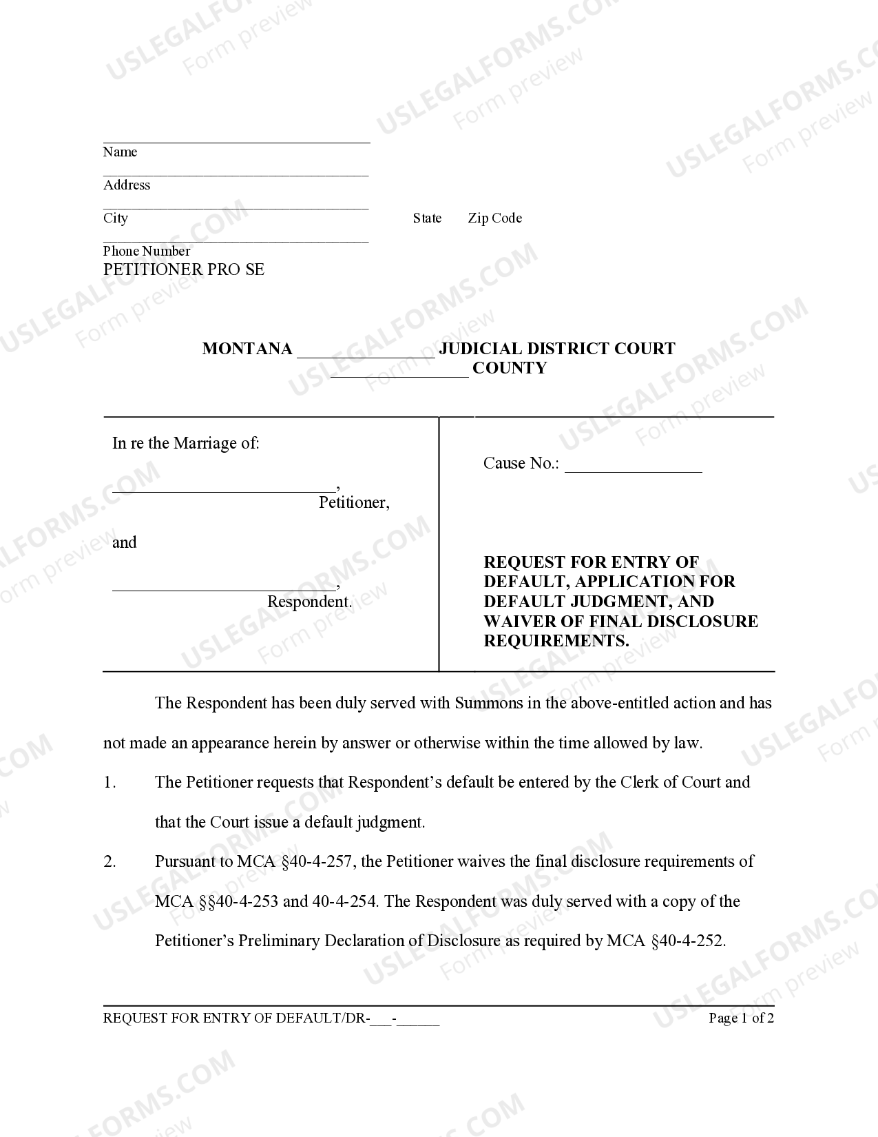 Request for Entry of Default, Application for Default Judgment and Waiver of Final Disclosure ...