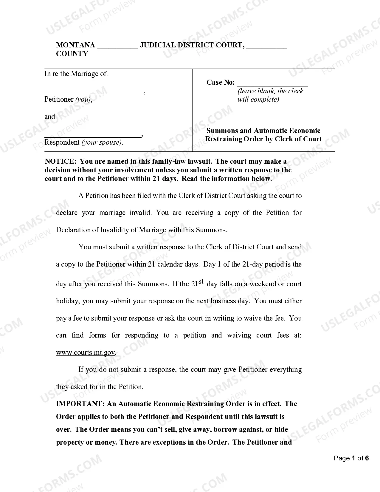 Montana Summons with Automatic Economic Restraining Order (AERO) for Petition for Dissolution of ...