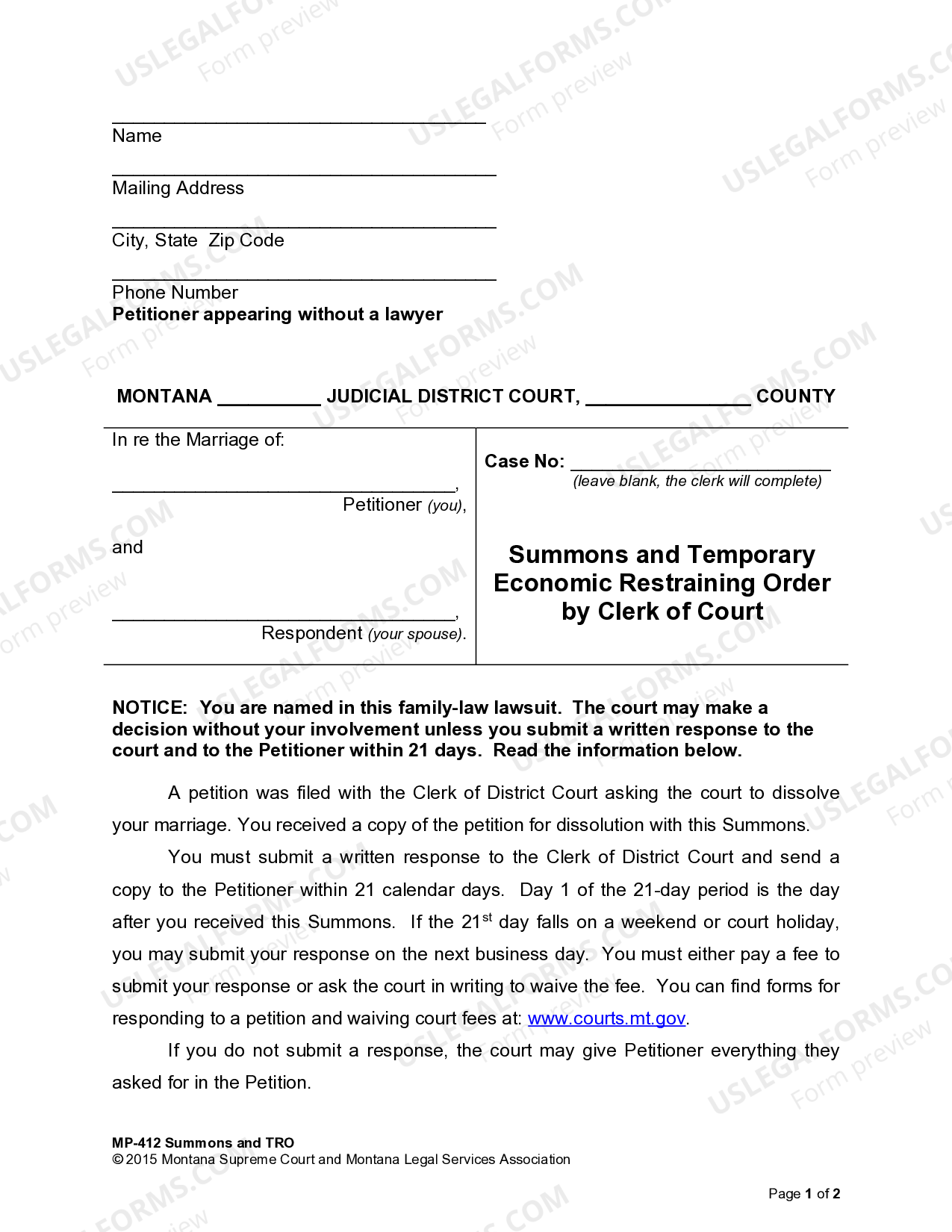 Montana Summons and Temporary Economic Restraining Order by Clerk of Court - Economic ...