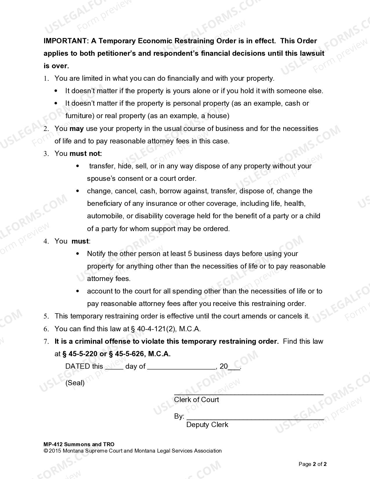 Montana Summons and Temporary Economic Restraining Order by Clerk of Court - Economic ...