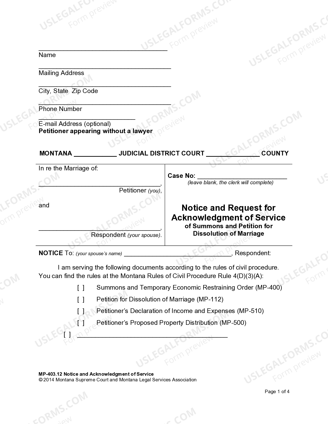 Montana Notice and Acknowledgment of Receipt of Summons and Petition ...