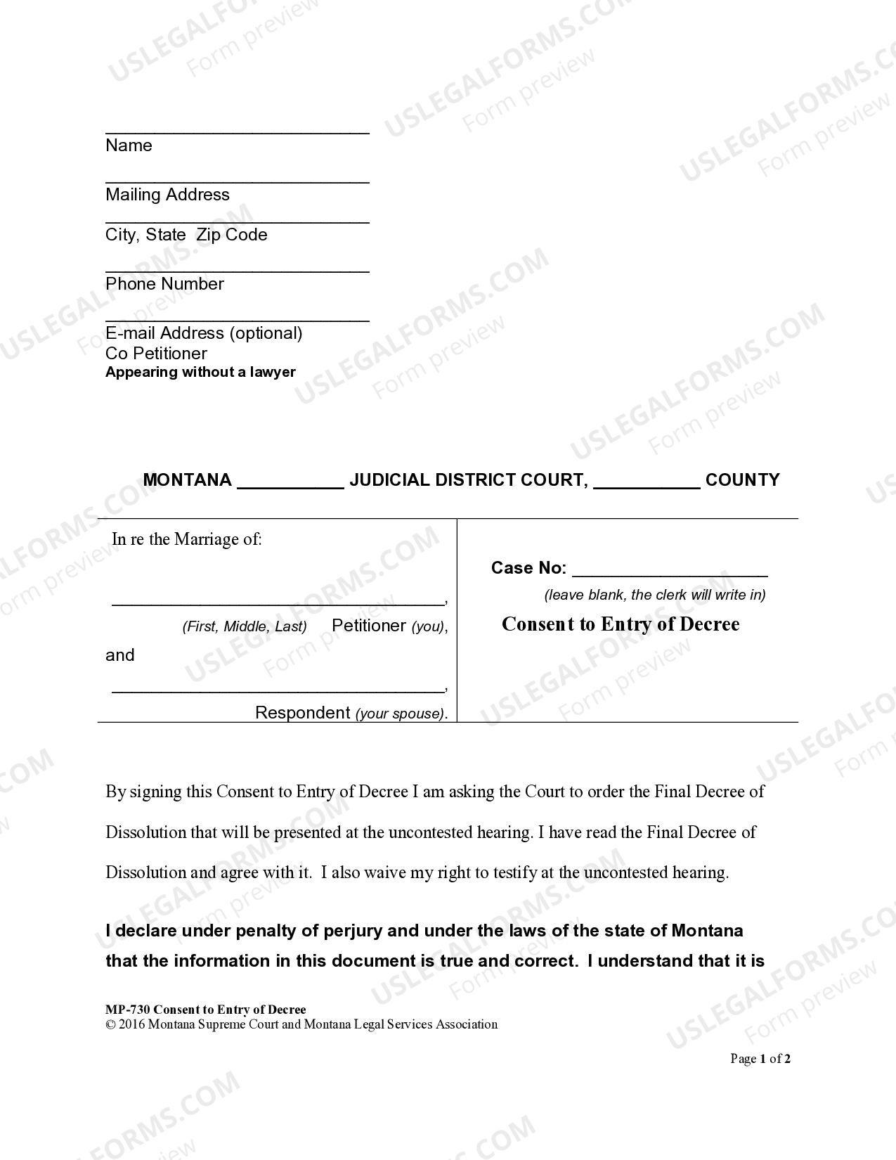 Montana Consent to Entry of Judgment | US Legal Forms