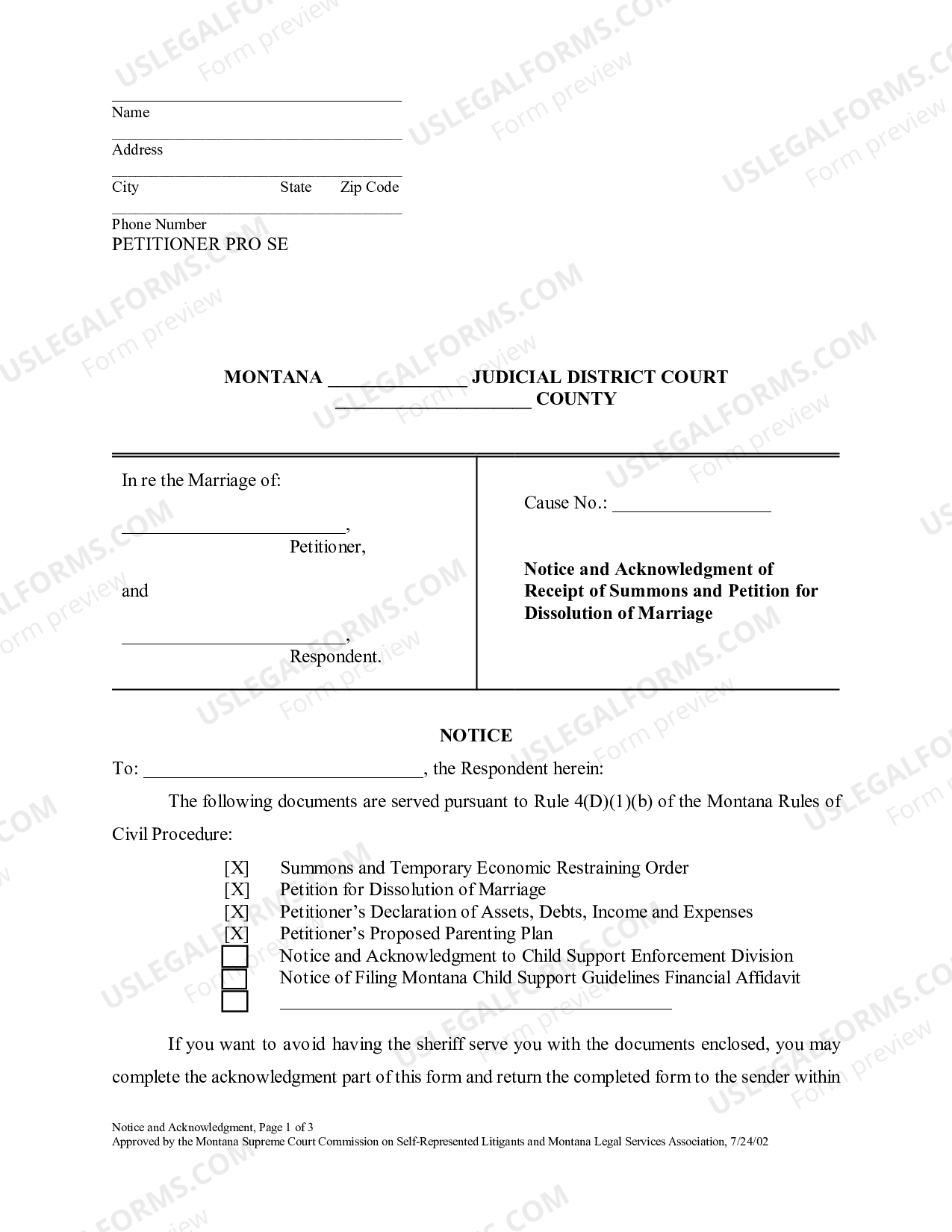 Montana Notice and Acknowledgment of Receipt of Summons and Petition for Dissolution | US Legal ...