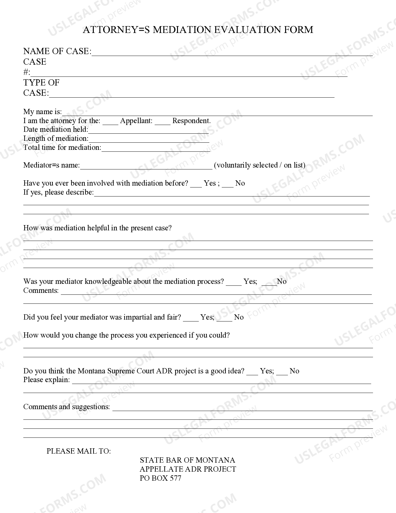 Montana Attorney's Mediation Evaluation Form | US Legal Forms