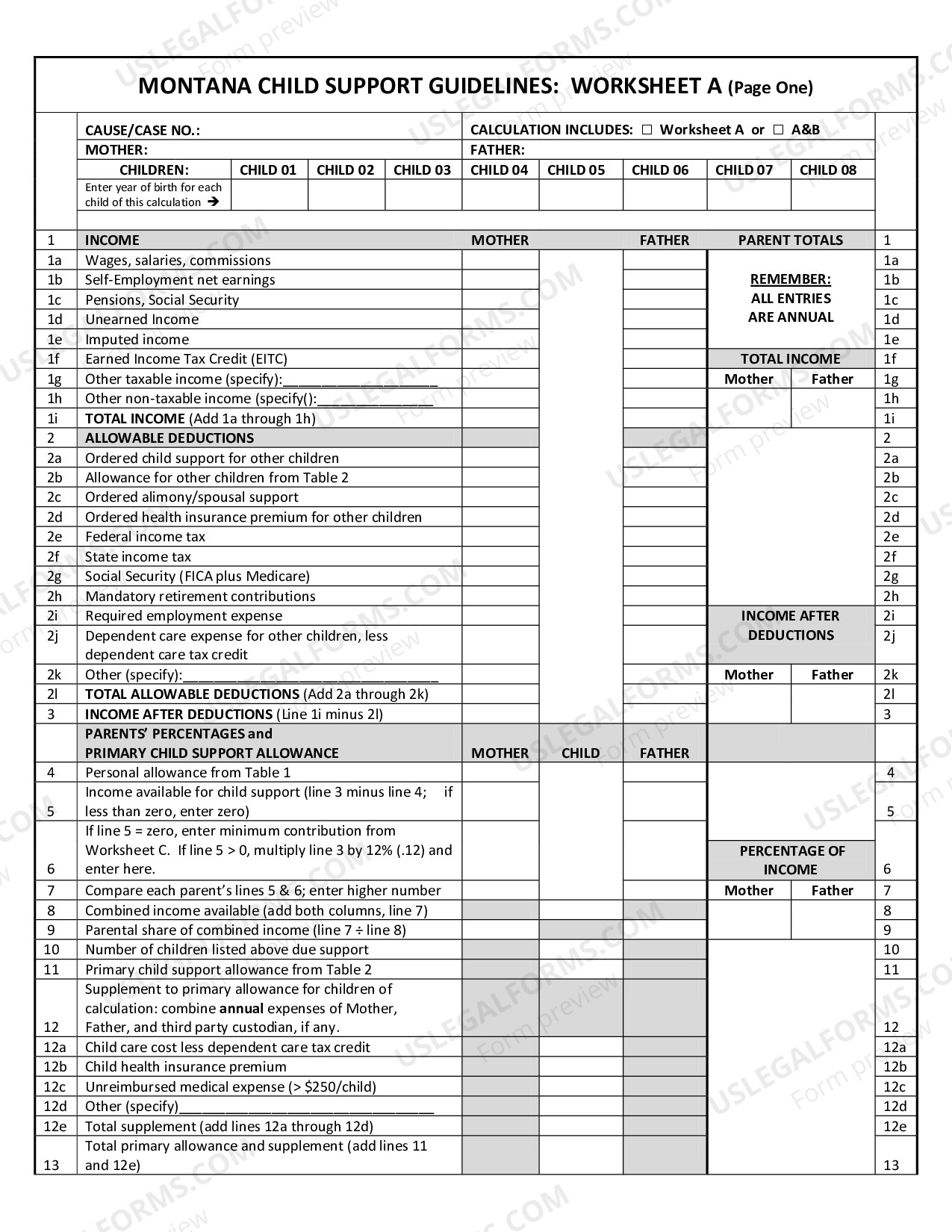 Montana Child Support Guidelines - Worksheet A - Montana Child Support ...