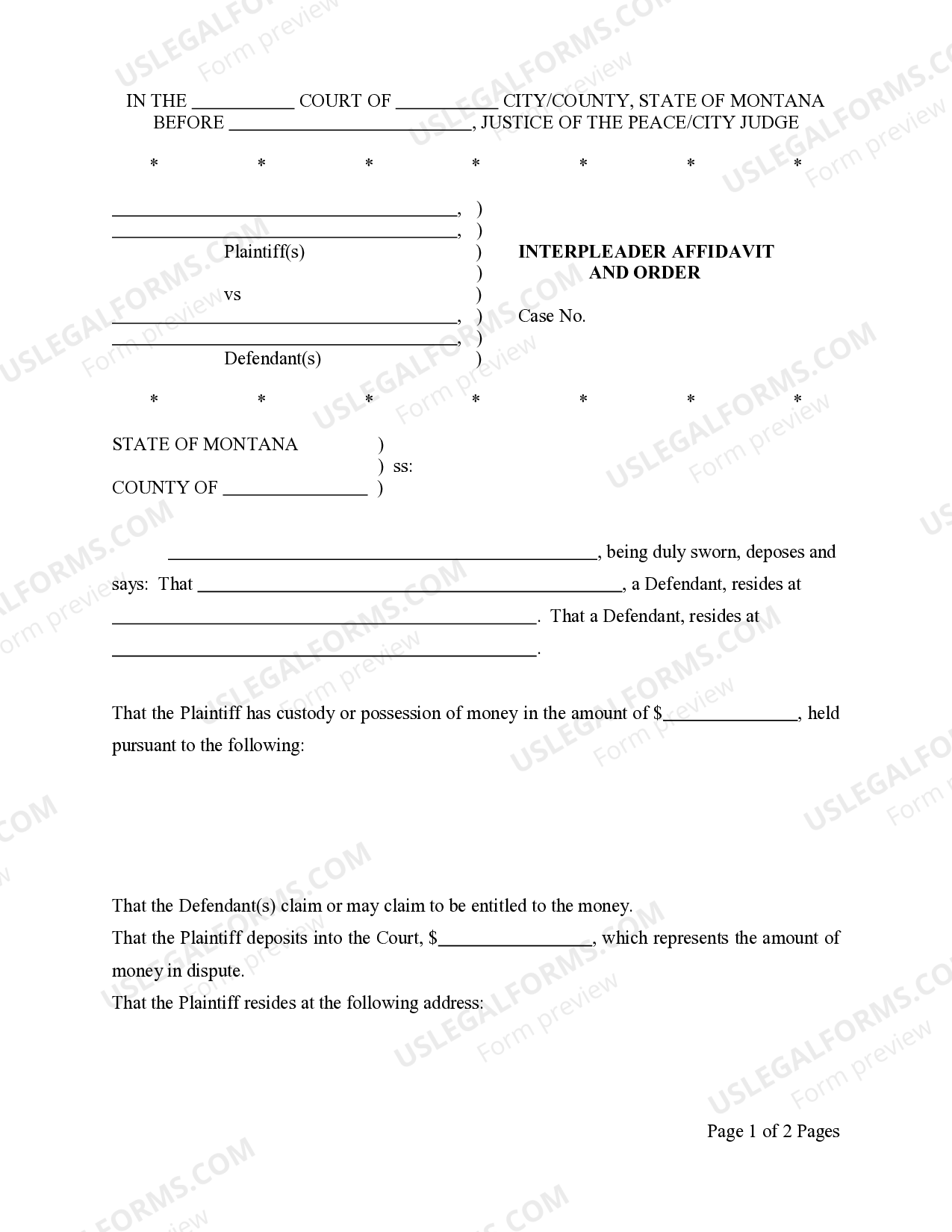 Montana Interpleader Affidavit and Order | US Legal Forms