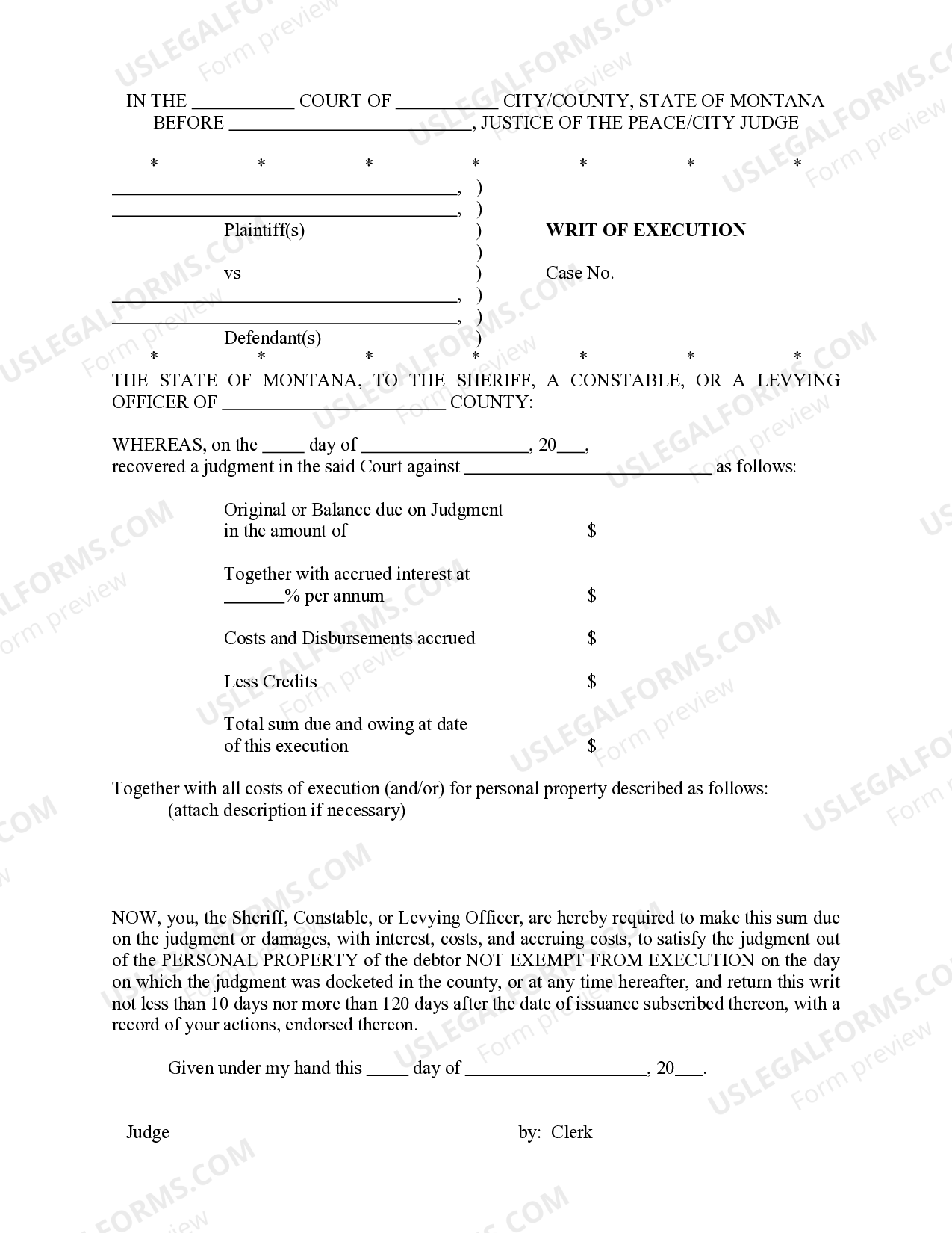 Montana Writ of Execution | US Legal Forms