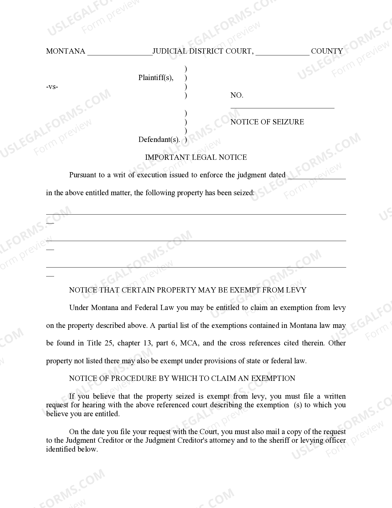 Notice Of Seizure Letter | US Legal Forms