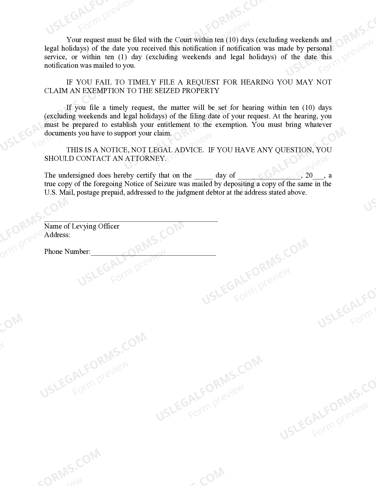 Notice Of Seizure Letter | US Legal Forms