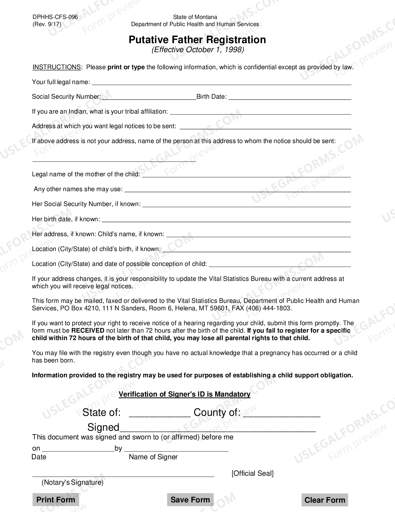 Montana Putative Father Registration | US Legal Forms