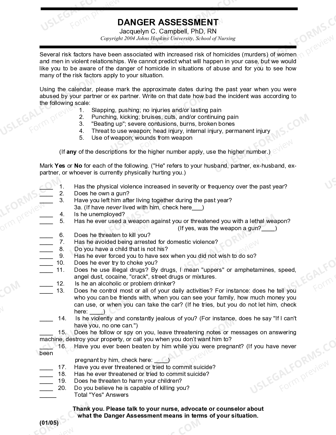 Montana Danger Assessment by Jacquelyn C. Campbell, PhD, RN | US Legal ...