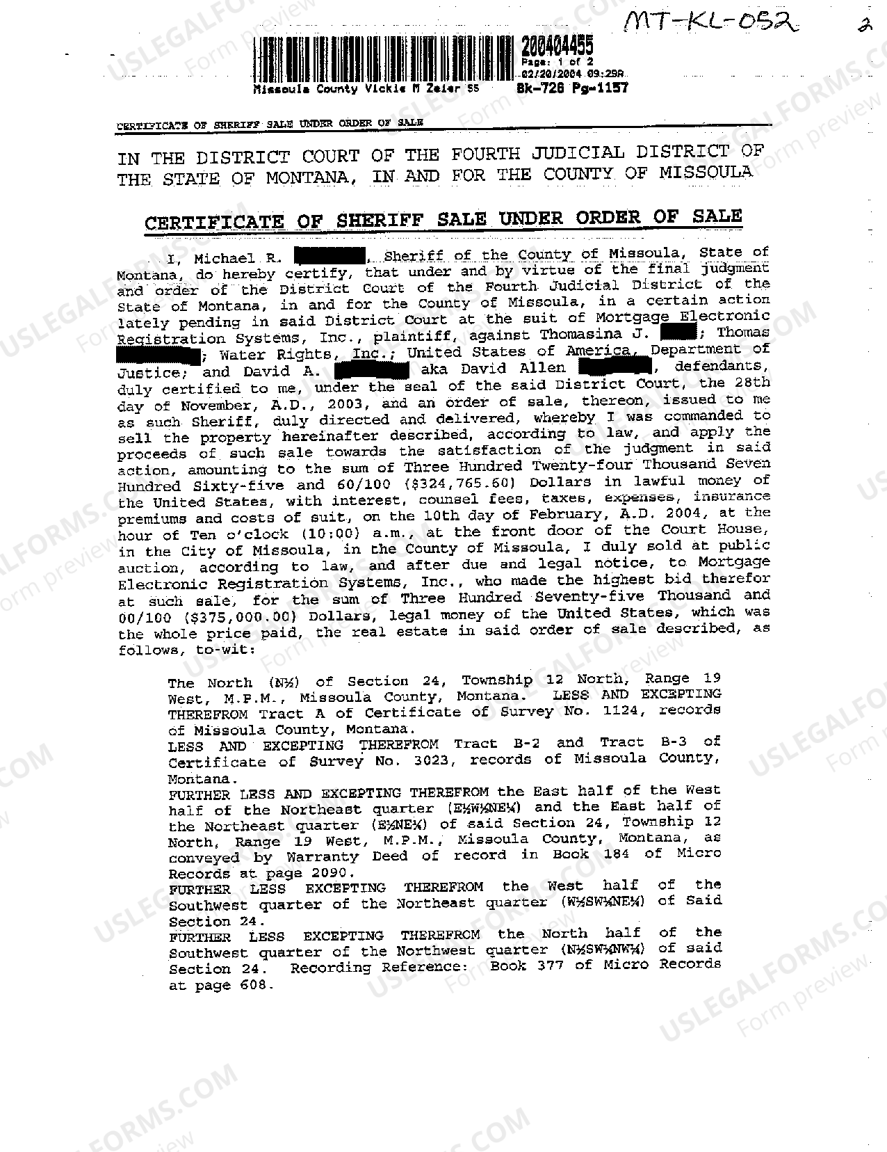 Montana Certificate of Sheriff Sale Under Order of Sale | US Legal Forms