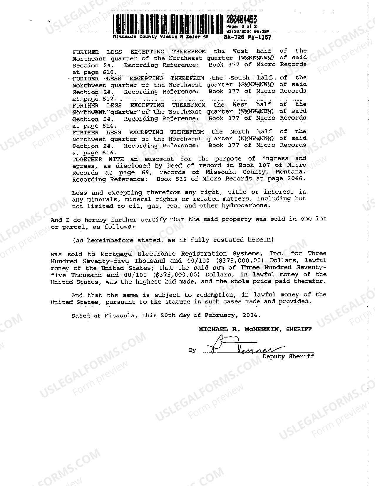 Montana Certificate of Sheriff Sale Under Order of Sale | US Legal Forms