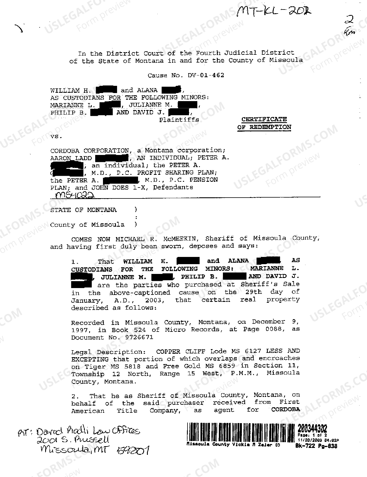 Montana Certificate of Redemption regarding Order Confirming Sale | US ...