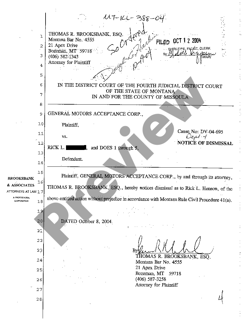 Montana Notice Of Dismissal Without Prejudice US Legal Forms