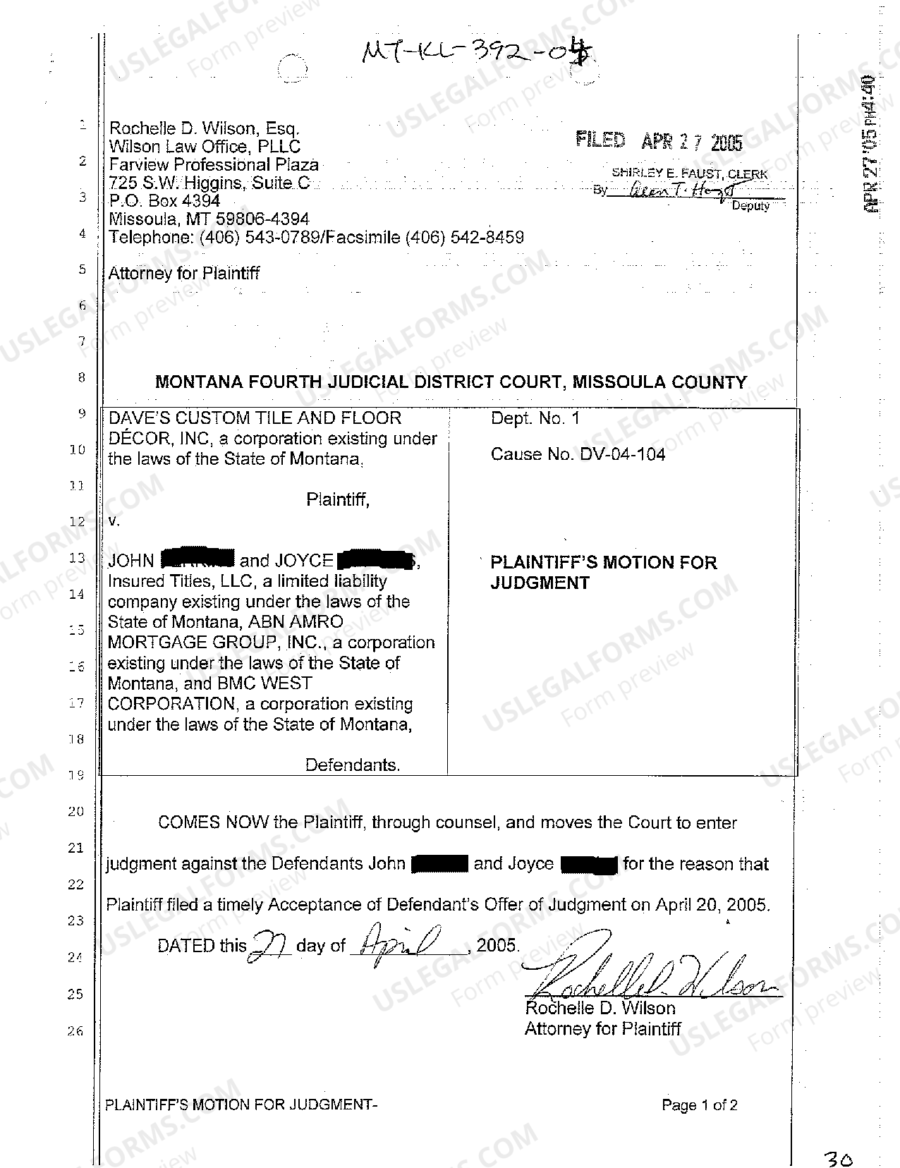 Montana Plaintiff's Motion for Judgment | US Legal Forms