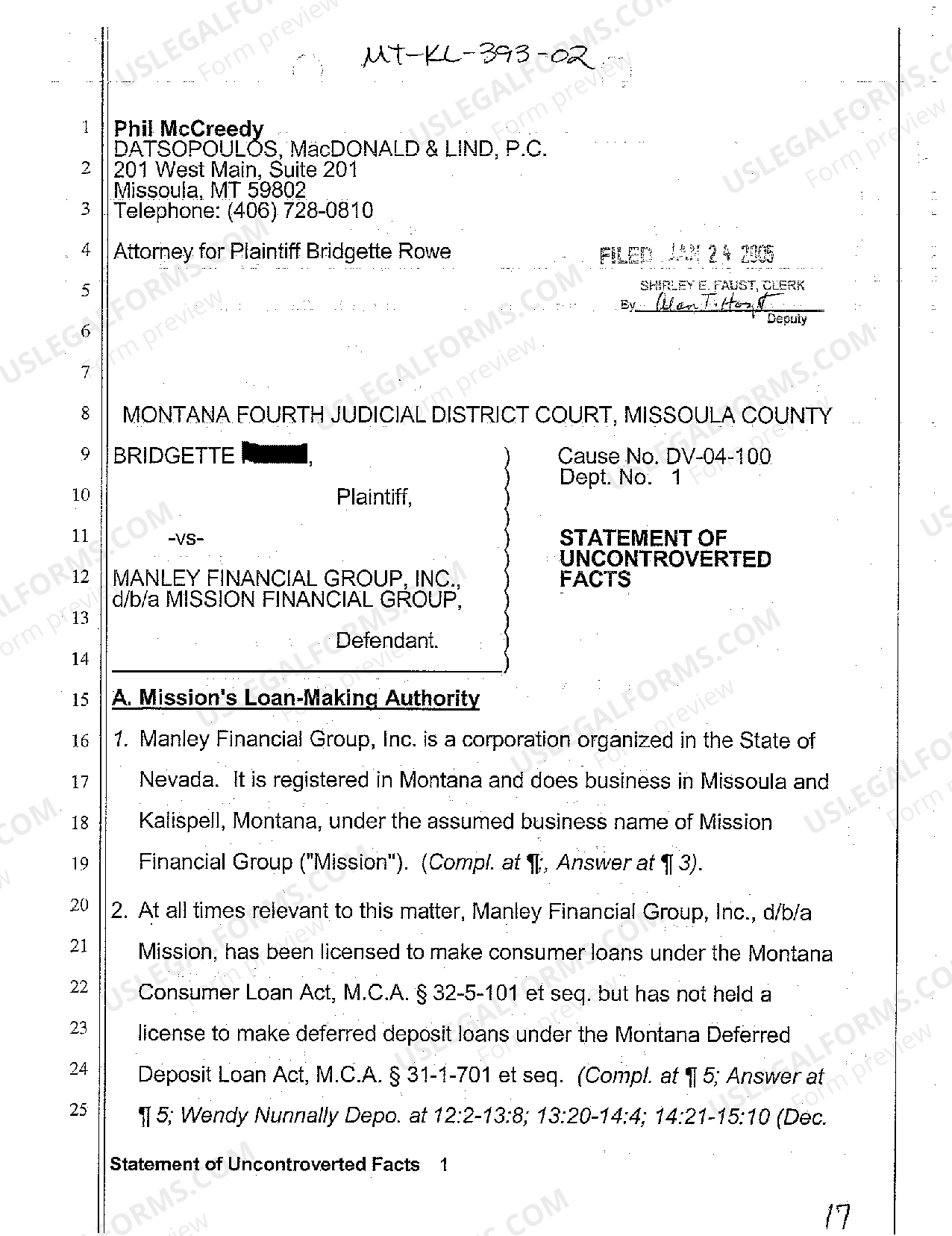 Montana Statement of Uncontroverted Facts - Uncontroverted | US Legal Forms