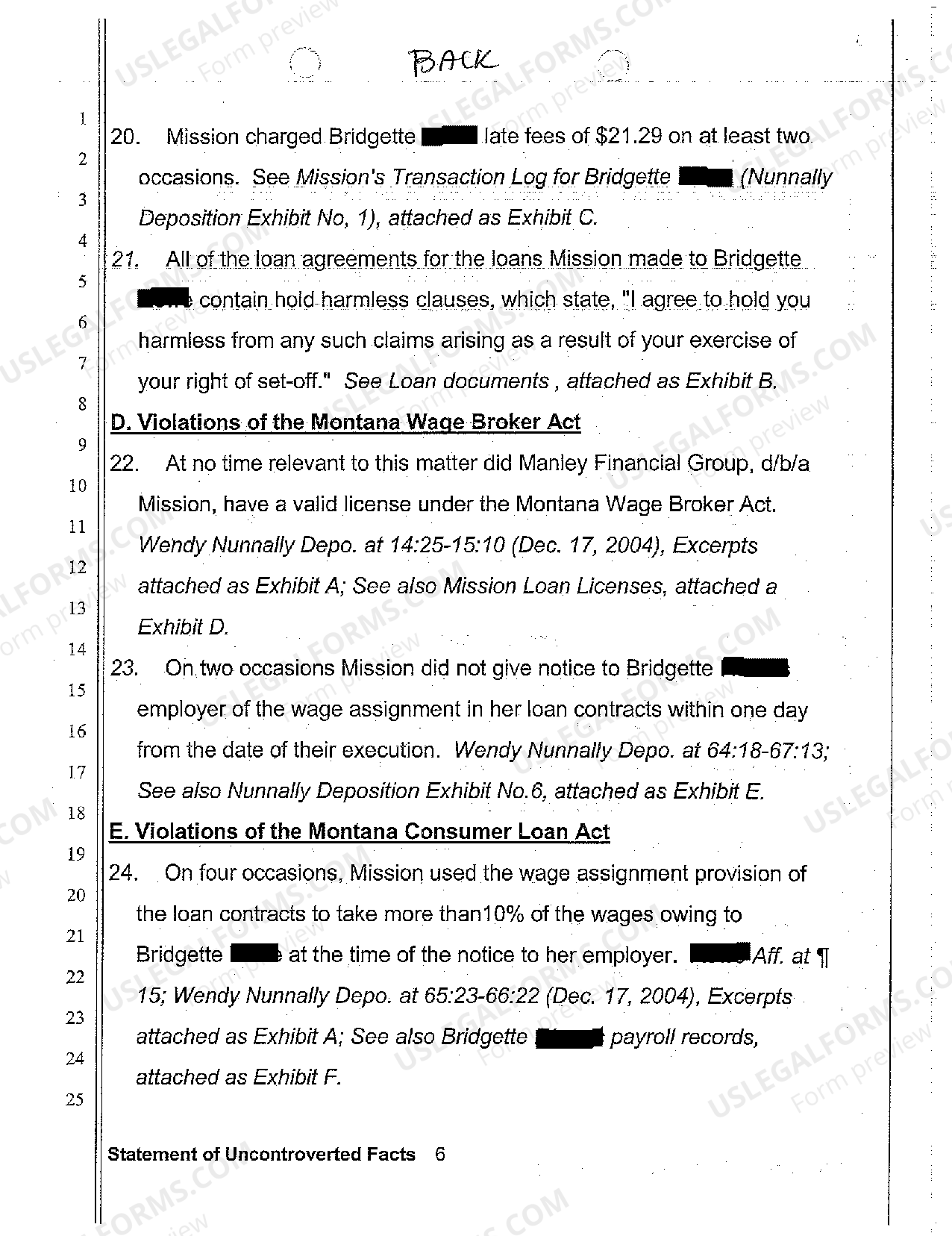 Montana Statement of Uncontroverted Facts - Uncontroverted | US Legal Forms