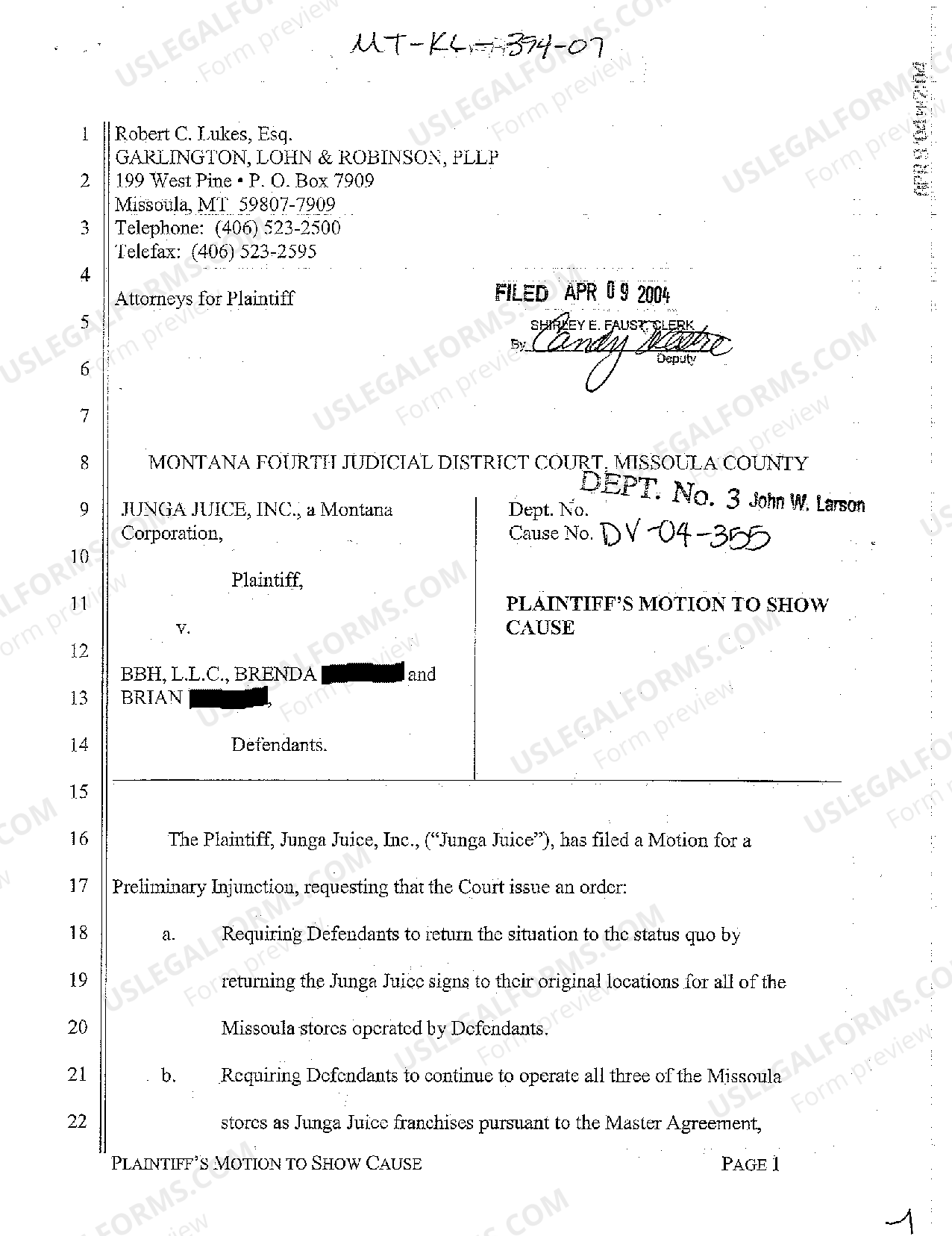 Montana Plaintiff's Motion to Show Cause | US Legal Forms