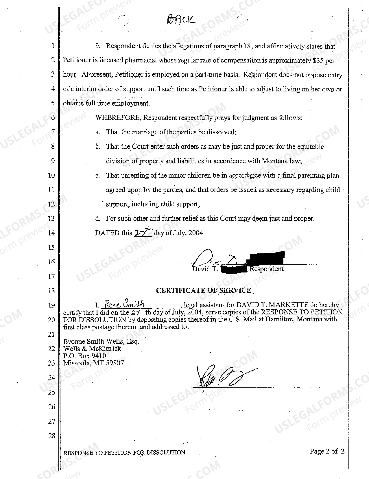 Montana Response to Petition for Dissolution of Marriage - Sample ...