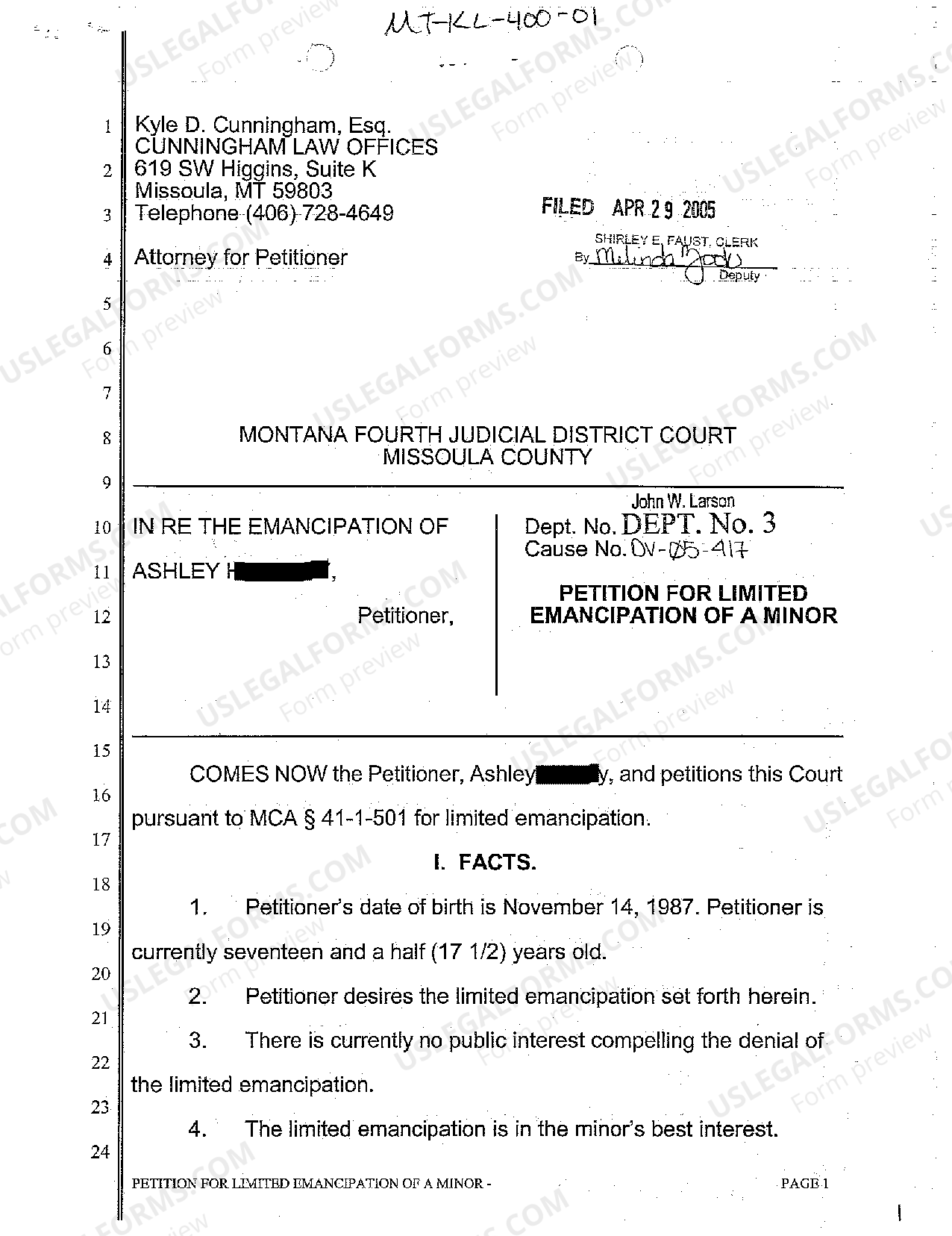 Montana Petition for Limited Emancipation of a Minor | US Legal Forms