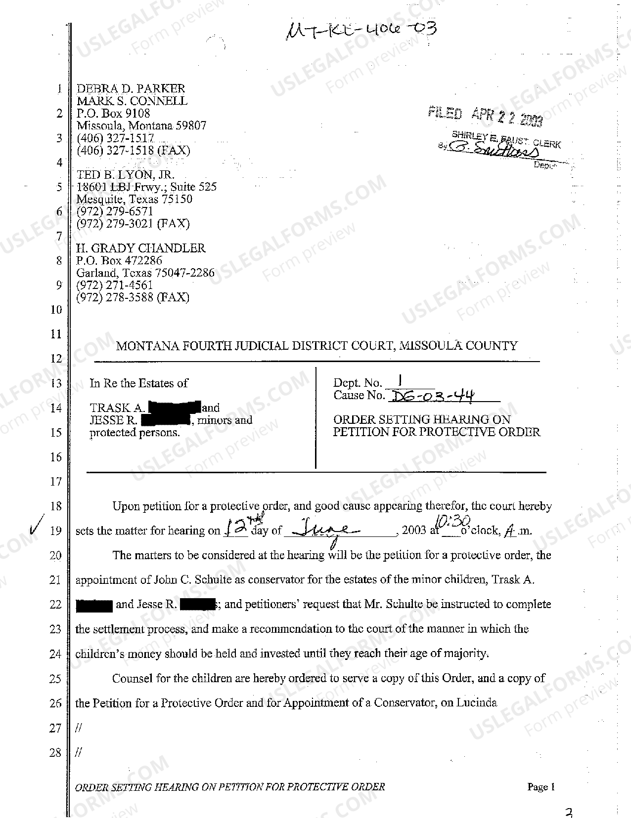 Montana Order Setting Hearing on Petition for Protective Order | US ...