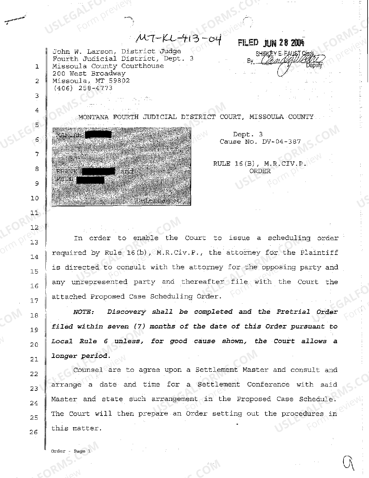 Montana Rule 16(b) Order Advising Both Parties' Counsel to Confer on ...