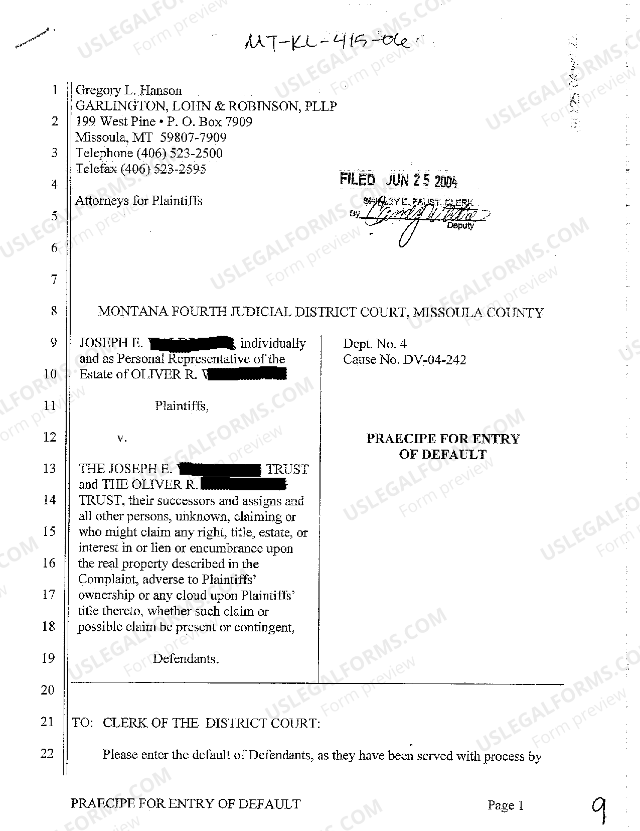 Montana Praecipe for Entry of Default | US Legal Forms