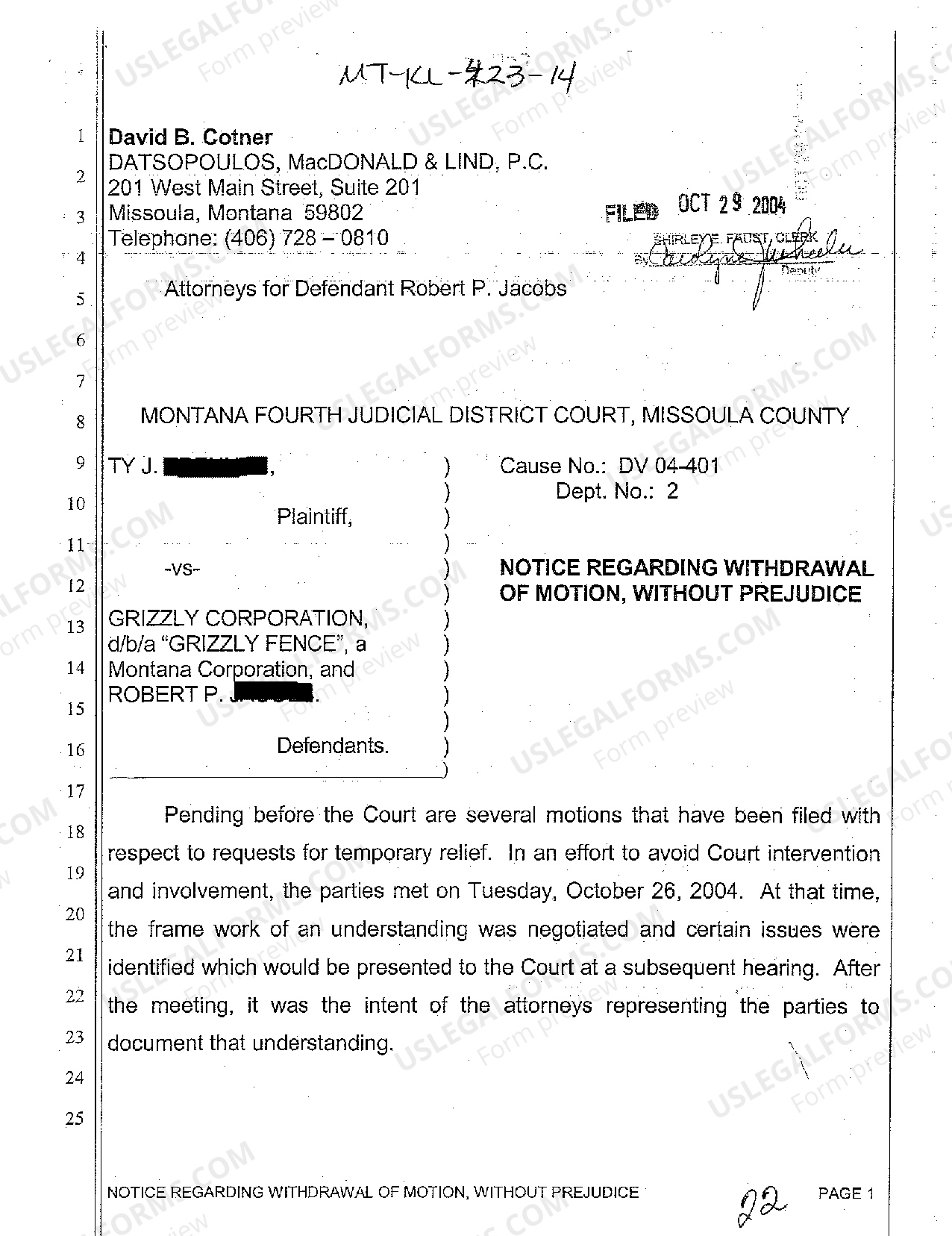 Montana Notice Regarding Withdrawal of Motion Without Prejudice | US ...