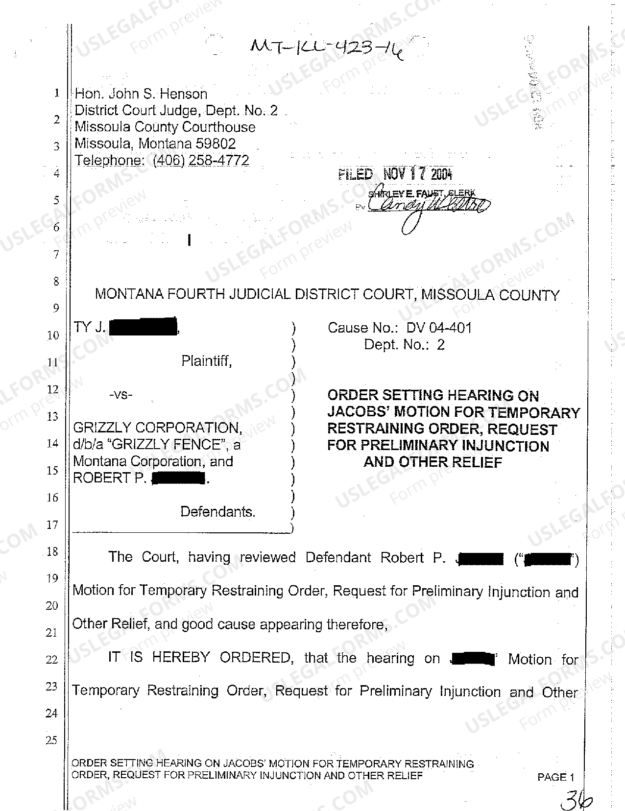 Montana Order Setting Hearing on Defendant's Motion for Temporary Restraining Order, Request for ...