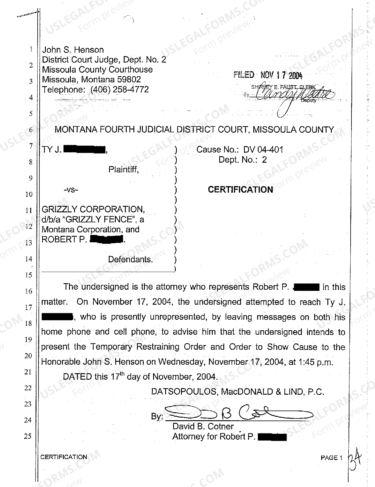 Montana Order Setting Hearing on Defendant's Motion for Temporary Restraining Order, Request for ...