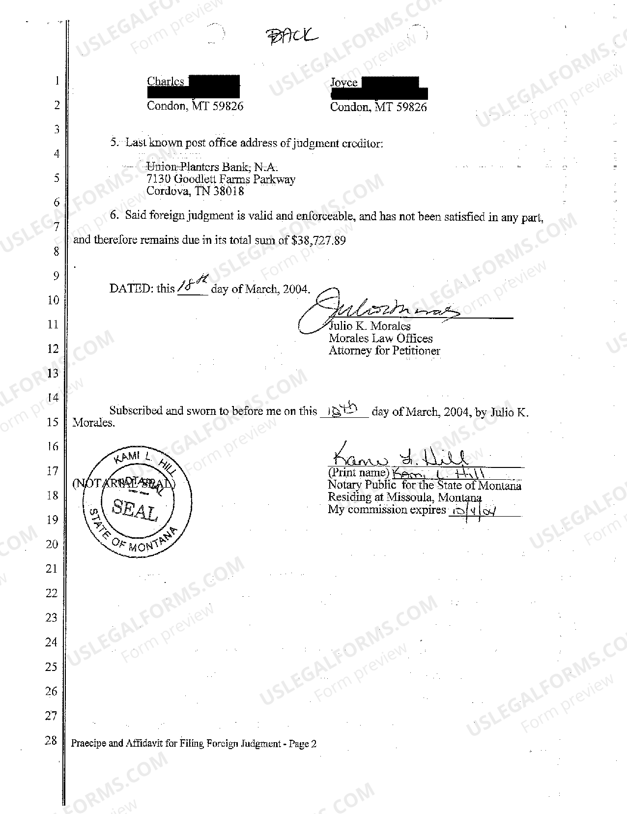 Montana Praecipe and Affidavit for Filing Foreign Judgment | US Legal Forms