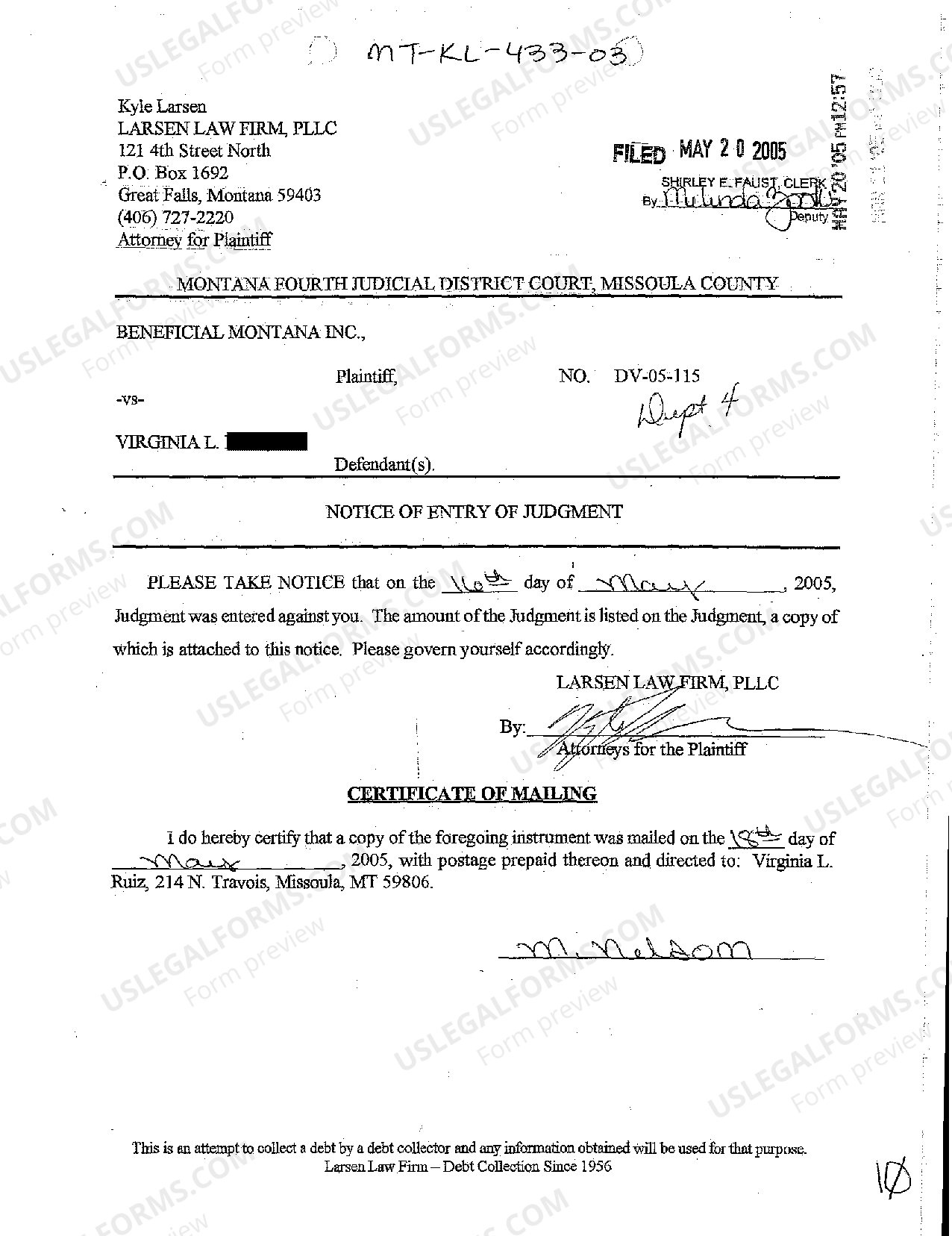 Montana Notice of Entry of Judgment | US Legal Forms