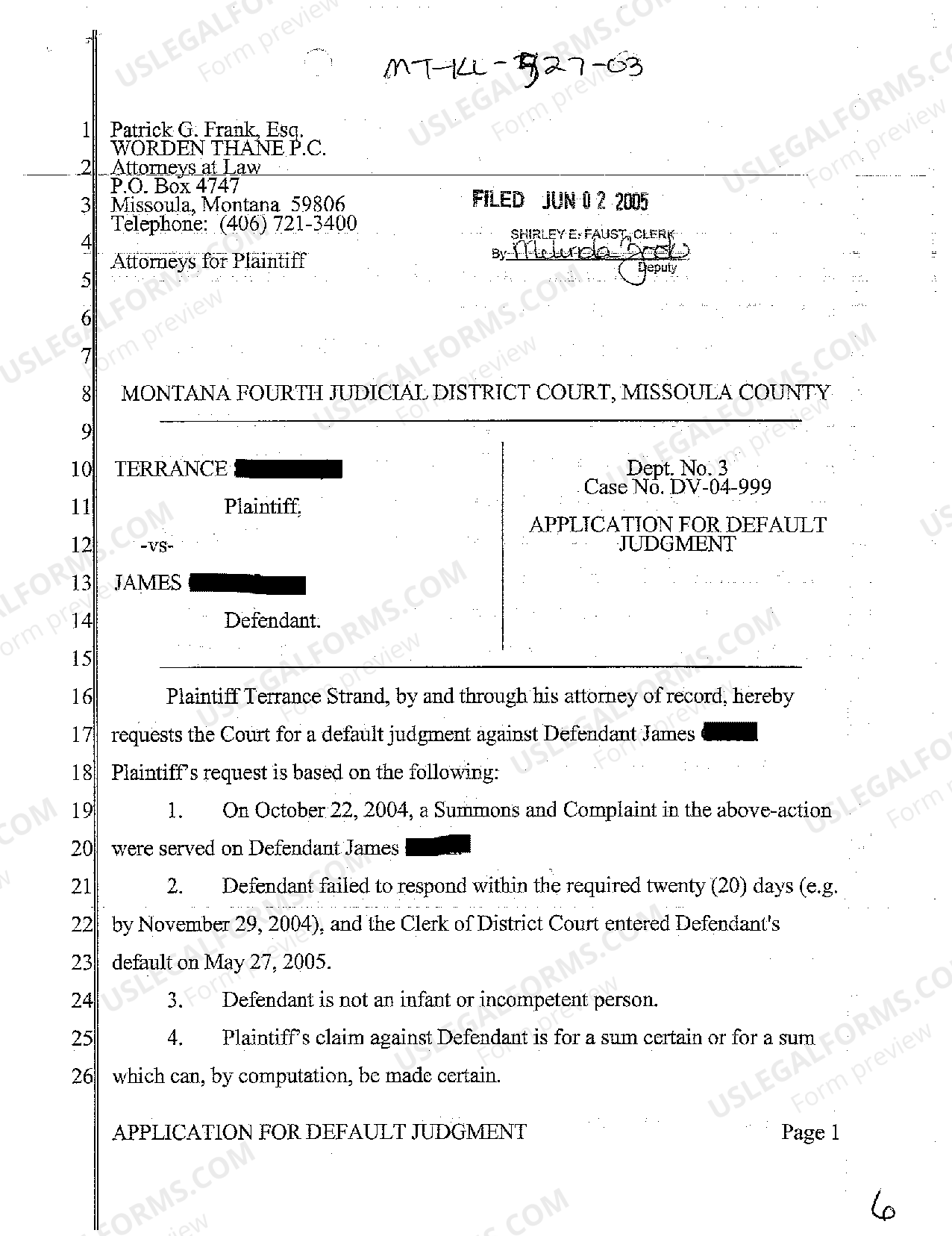 Montana Application for Default Judgment | US Legal Forms