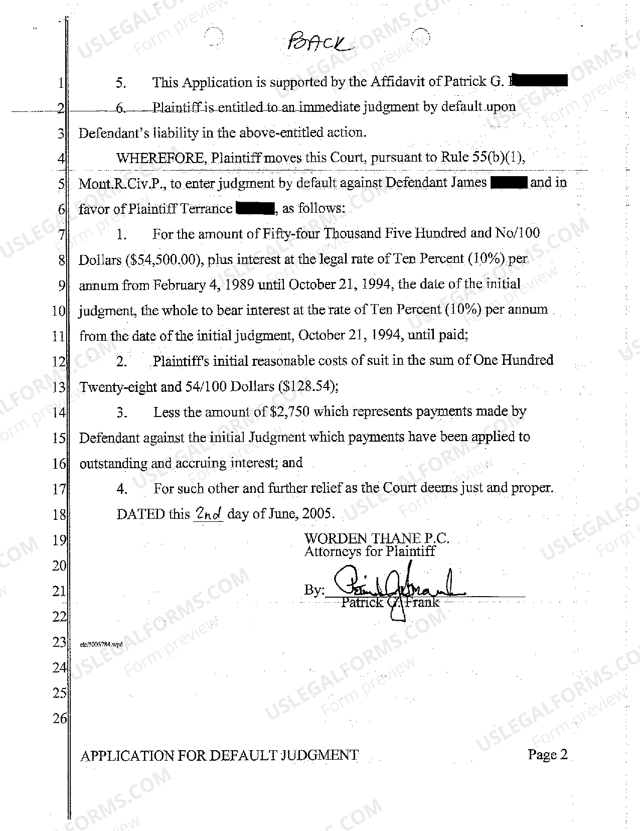 Montana Application for Default Judgment | US Legal Forms