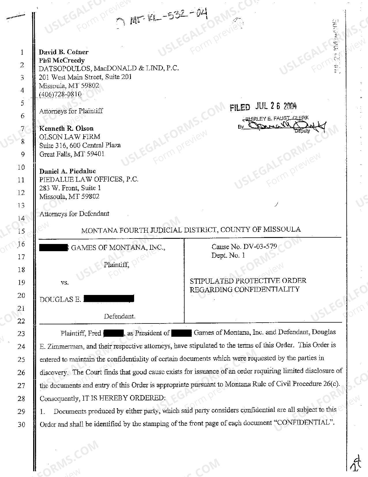 Montana Stipulated Protective Order Regarding Confidentiality | US ...