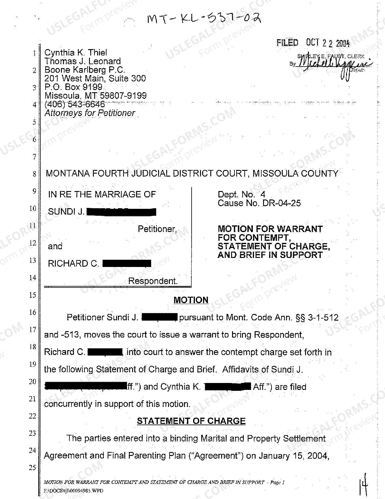 Montana Motion for Warrant for Contempt, Statement of Charge, and Brief ...