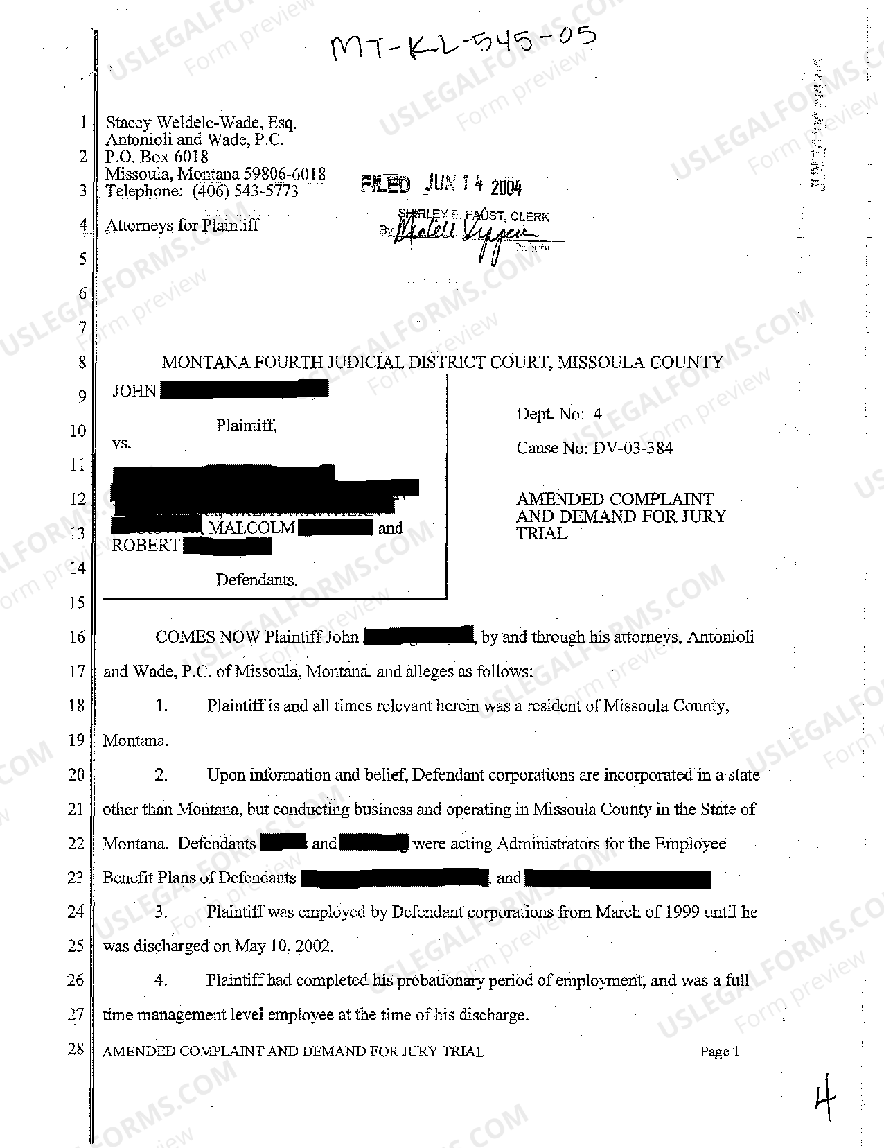 Montana Amended Complaint and Demand for Jury Trial | US Legal Forms