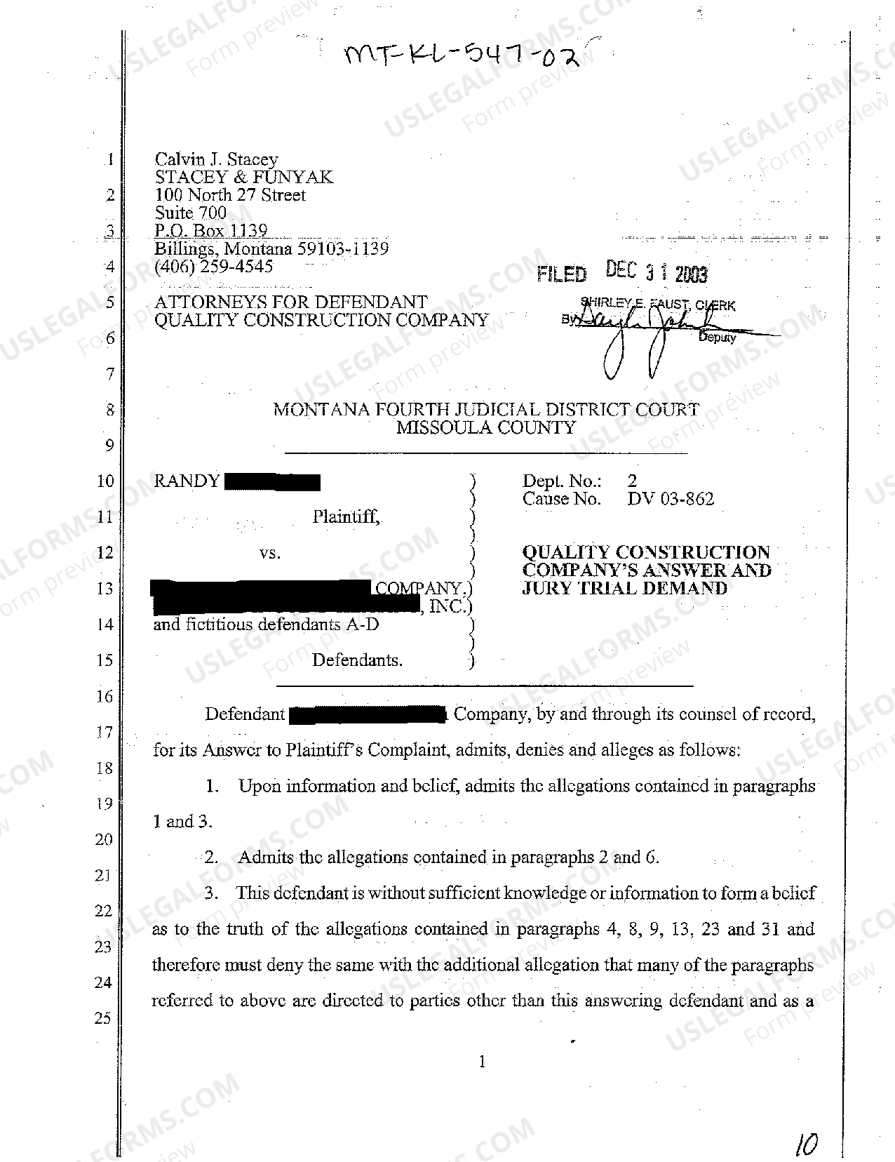 Montana Answer and Jury Trial Demand | US Legal Forms