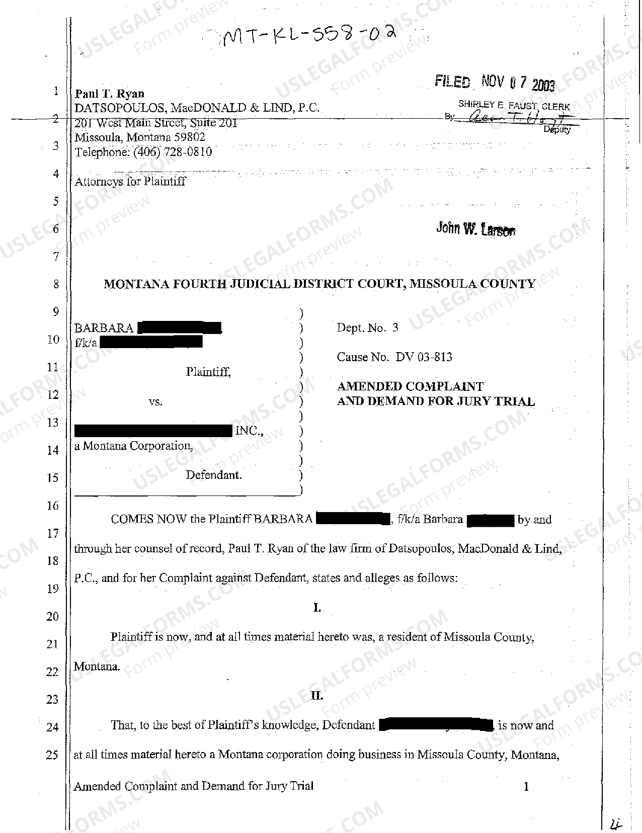 Montana Amended Complaint and Demand for Jury Trial | US Legal Forms